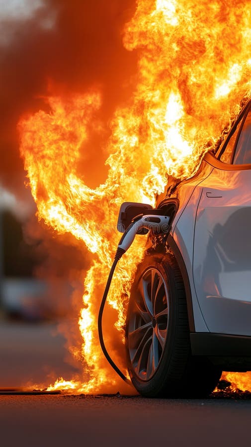 Dramatic Scene of Electric Car Catching Fire, Flames Engulfing it Stock ...