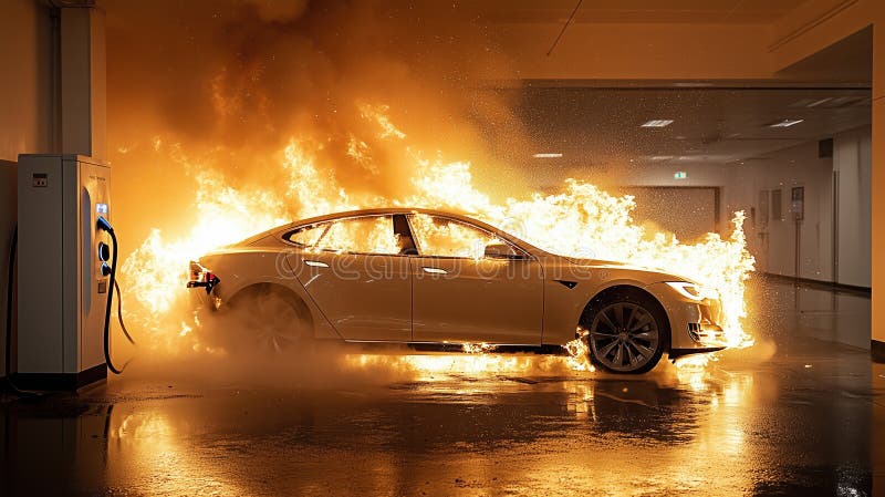 Dramatic Scene of Electric Car Catching Fire in Garage Stock ...