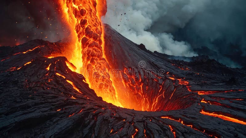 A Dramatic Scene of an Erupting Volcano with Flowing Lava and Smoke ...