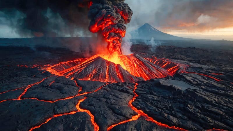 A Dramatic Scene of an Erupting Volcano with Flowing Lava and Smoke ...