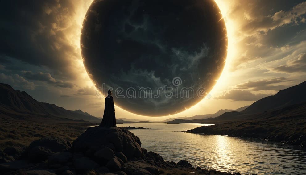 A Dramatic Scene Features a Large Celestial Body Resembling a Dark Moon ...