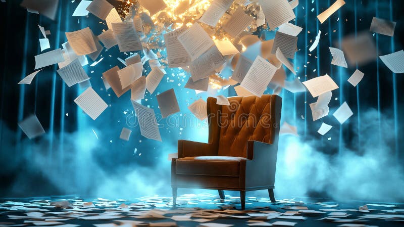 Dramatic Scene Featuring Armchair Surrounded by Flying Papers and ...
