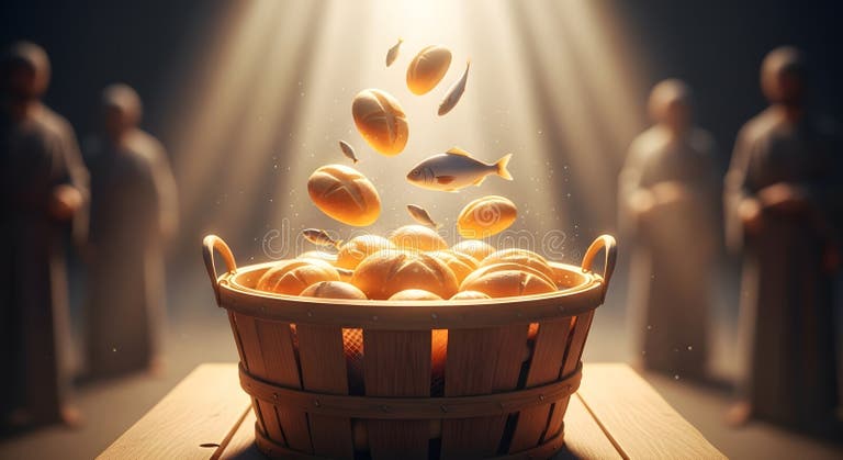 Basket of Bread and Fish with People in the Background Stock ...