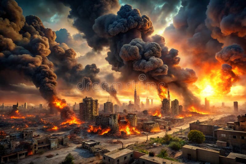 View of Destruction City with Fires and Explosion Over Dramatic Sky ...