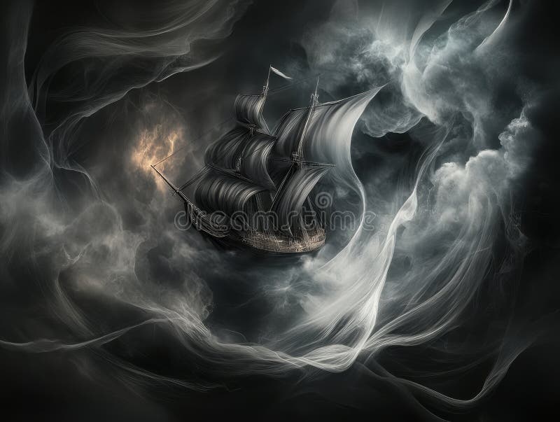 Mysterious Ship Sailing through Ethereal Clouds Stock Illustration ...