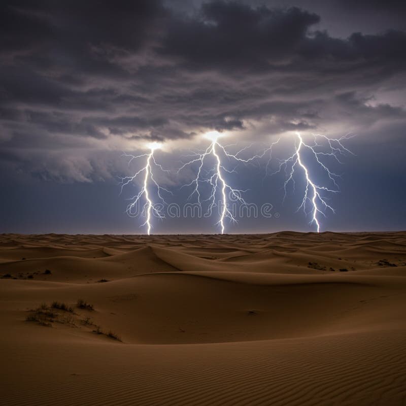 Dramatic Scene Featuring Three Bright Lightning Bolts Striking Over a ...