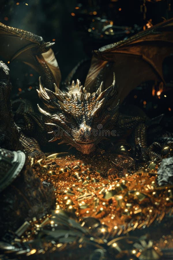 A Dramatic Scene of a Fierce Dragon Guarding a Hoard of Glittering ...