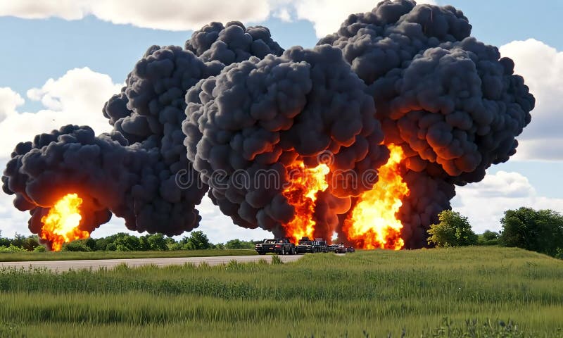 Dramatic Scene of a Fiery Explosion on a Highway Surrounded by Green ...