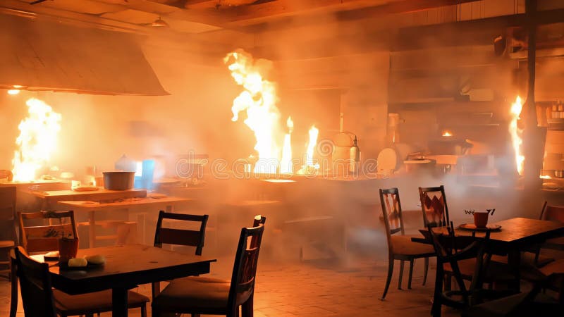 Dramatic Scene of Fire Engulfing Kitchen in Restaurant with Dark Smoke ...