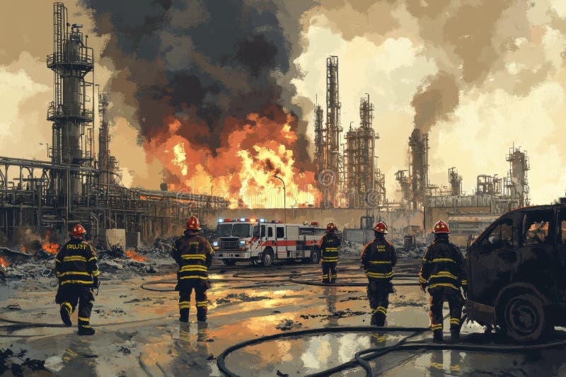 Dramatic Scene of Firefighters Battling a Large Industrial Fire at a ...