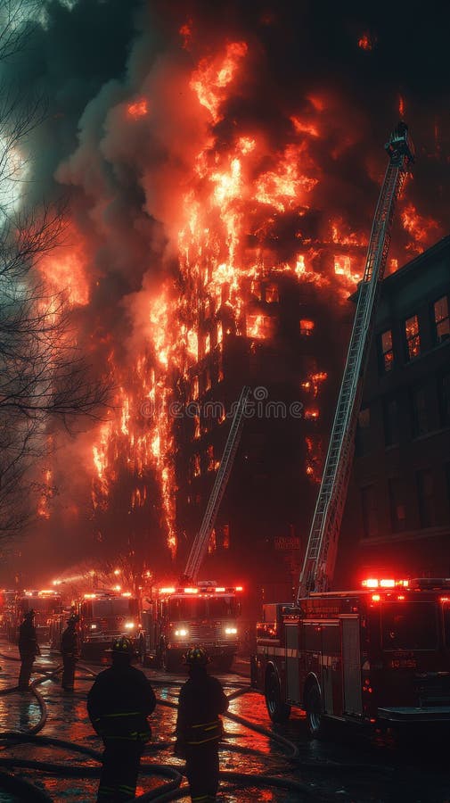 Dramatic Scene of Firefighters Battling a Massive Apartment Building ...