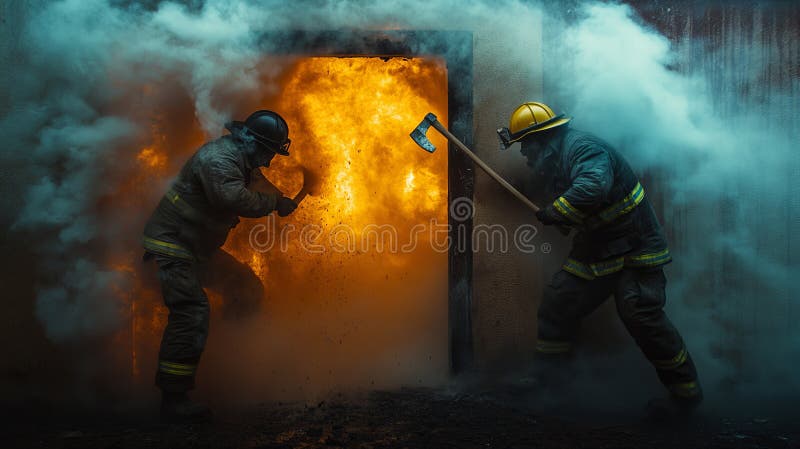 Firefighters Bravely Battling a Fierce Blaze. Smoke Billows As they ...