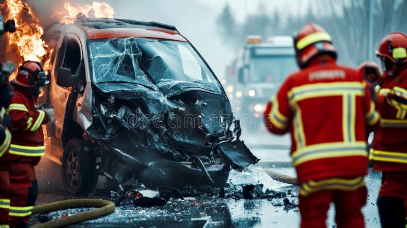 A Dramatic Scene of Firefighters Responding To a Vehicle Accident. the ...