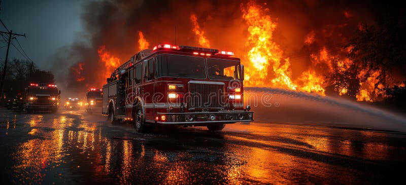 Brave Firefighters Battling Intense Building Fire Night Stock Photos ...