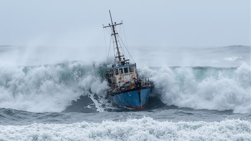 Dramatic Scene of a Fishing Boat Battling a Massive Wave during a Storm ...