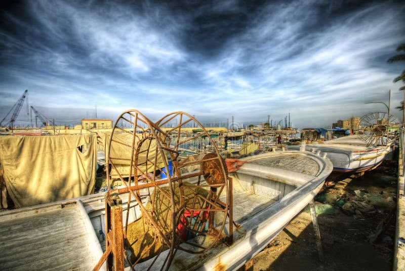 Dramatic Scene of Fishing Boats at a Port in Sidon Stock Photo - Image ...
