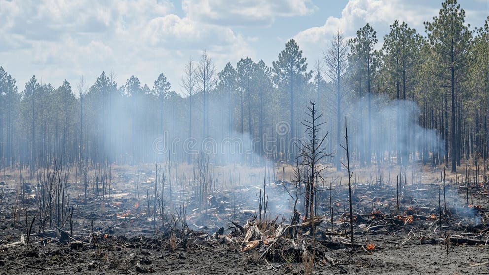 Dramatic Scene of Forest Fire Aftermath with Smoke Charred Trees and ...