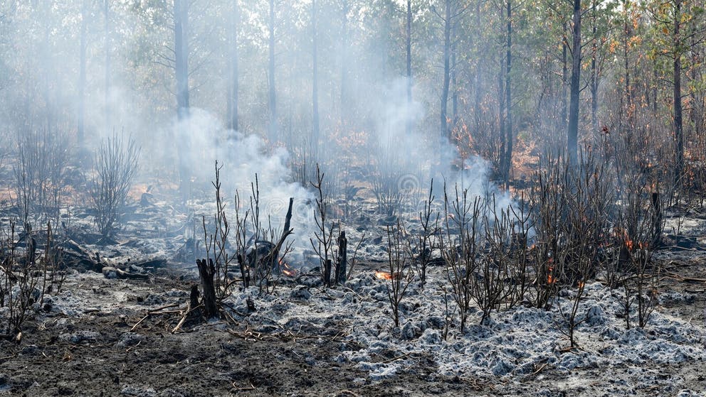 Dramatic Scene of Forest Fire Aftermath with Smoke Charred Trees and ...