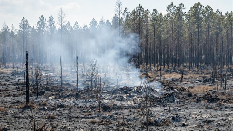 Dramatic Scene of Forest Fire Aftermath with Smoke Charred Trees and ...