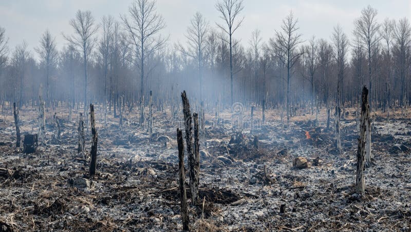 Dramatic Scene of Forest Fire Aftermath with Smoke Charred Trees and ...
