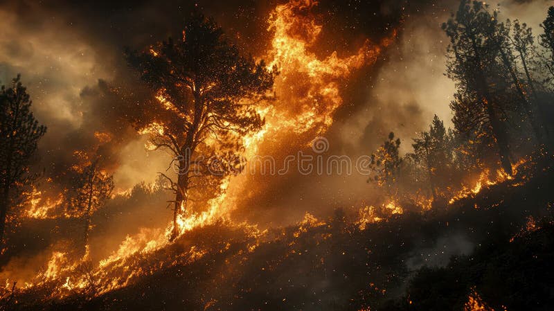 Dramatic Scene of Forest Fire with Flames Engulfing Trees, Smoke Rising ...
