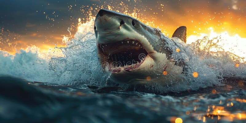 Great White Shark Leaping from Ocean at Sunset Stock Image - Image of ...