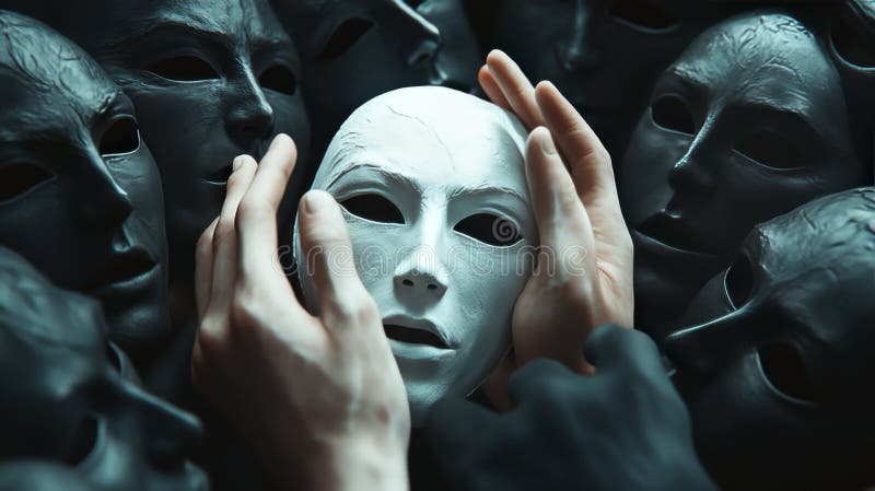Dramatic Scene of Hands Lifting a White Mask among Dark Masks Stock ...