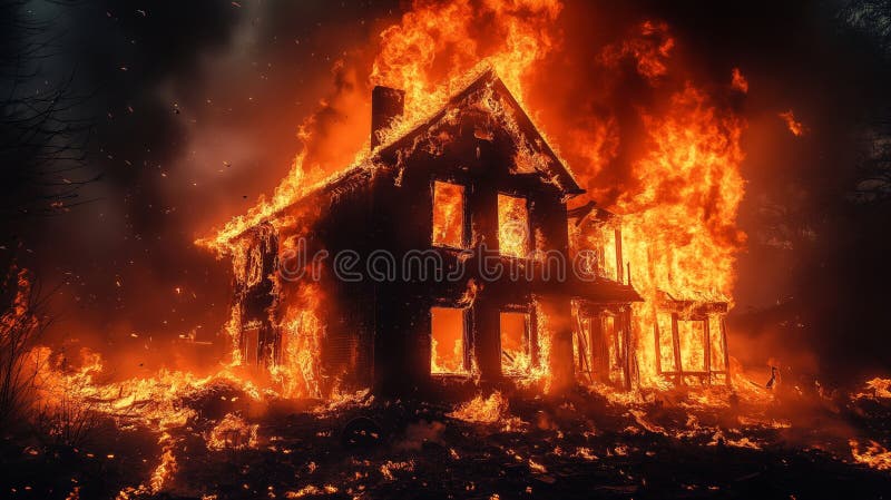 A Dramatic Scene of a House Engulfed in Intense Flames at Night Stock ...
