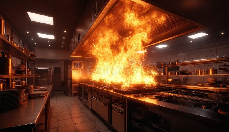 Dramatic Scene of a Kitchen Engulfed in Flames, Showing Potential for ...