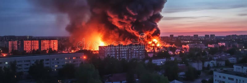 A Dramatic Scene of a Large Fire Engulfing Buildings at Sunset. the ...