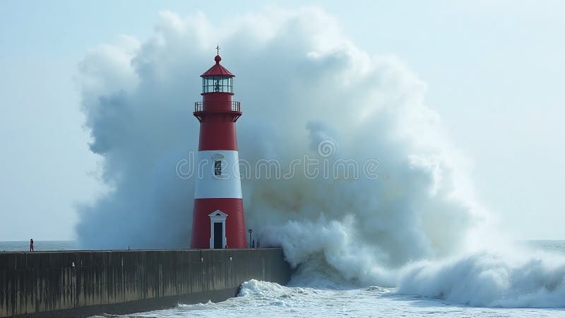 Dramatic Scene Lighthouse Turbulent Wave Crashing Pier Submerged Red ...