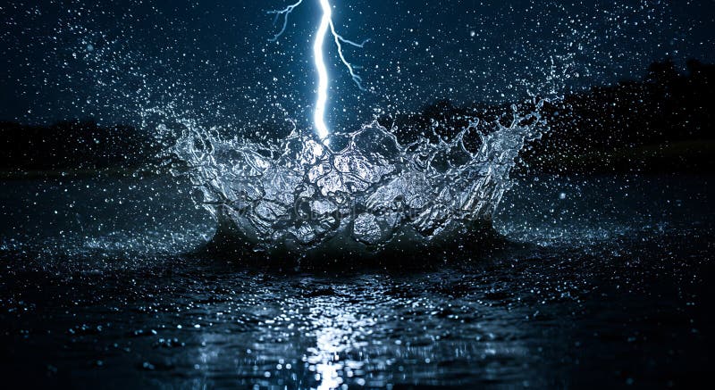 A Dramatic Scene of Lightning Striking a Body of Water at Night. the ...