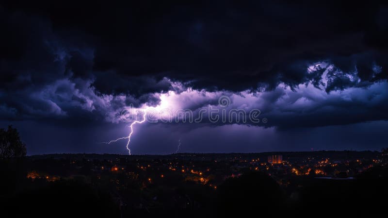 Dramatic Lightning Strikes through Dark Skies Over a City at Night ...