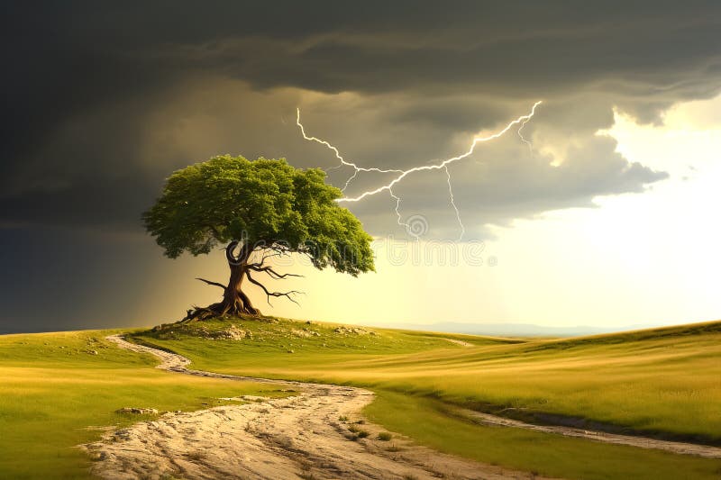 Dramatic Scene with Lightning Striking Near a Tree in a Field, Amidst ...