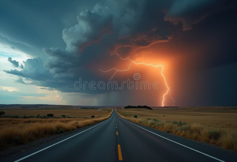 A Dramatic Scene of Lightning Striking Over a Rural Road, AI-generated ...