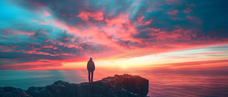 Lone Figure Standing on a Cliff at Sunset, Symbolizing Self-discovery ...