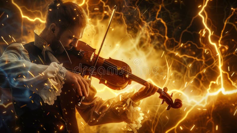 A Dramatic Scene with a Man Playing a Violin, Surrounded by Lightning ...