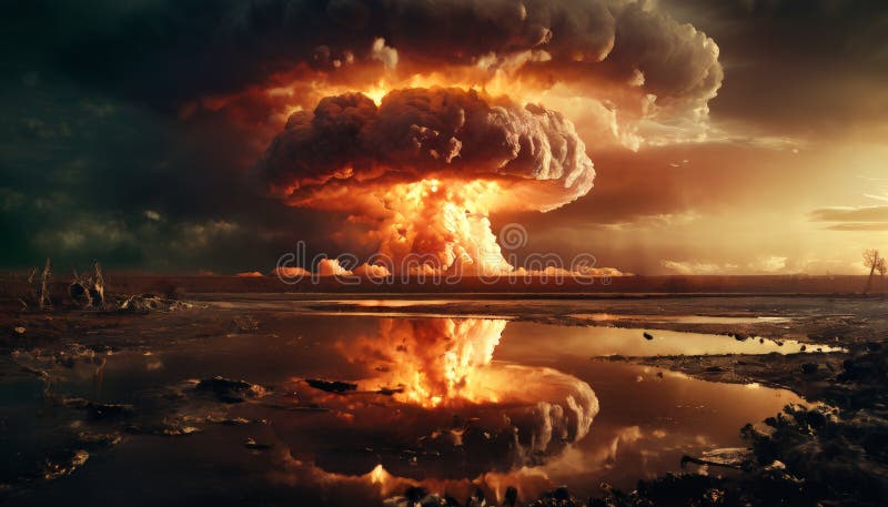 Explosive Mushroom Cloud Reflected in a Still Lake Stock Image - Image ...