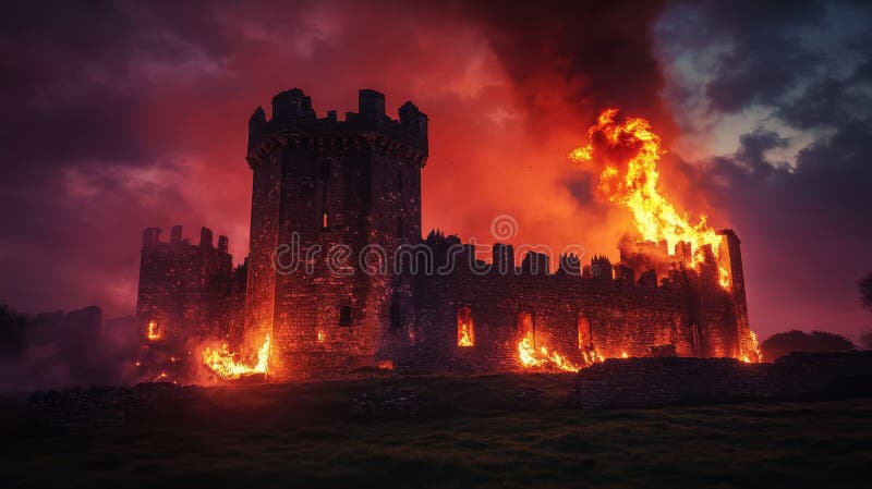A Dramatic Scene of a Medieval Castle Engulfed in Flames. the Sky Turns ...