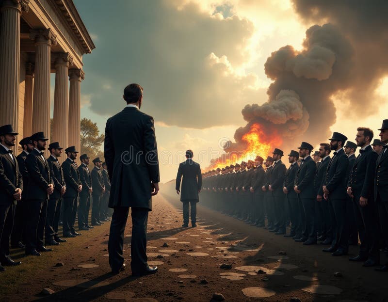 Dramatic Scene of Men in Top Hats Facing Burning Fire, Classic Era ...