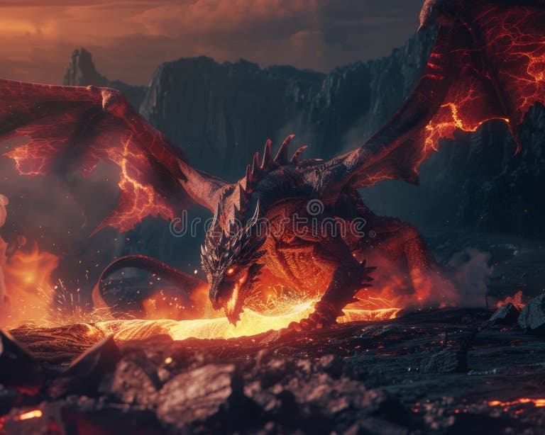 A Dramatic Scene of a Mighty Dragon Emerging from a Volcanic Caldera ...