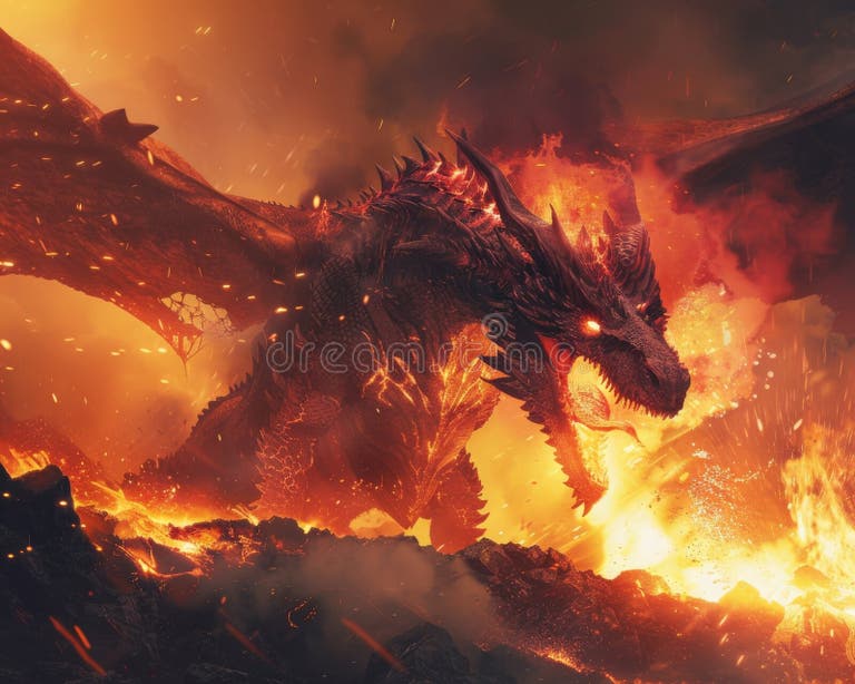 A Dramatic Scene of a Mighty Dragon Emerging from a Volcanic Caldera ...