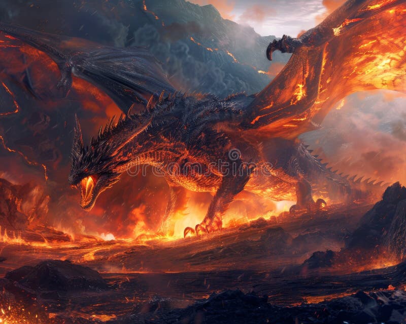A Dramatic Scene of a Mighty Dragon Emerging from a Volcanic Caldera ...