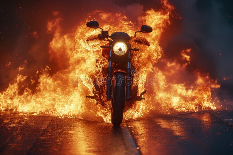 Dramatic Scene of a Motorcycle on Fire in Th Street. AI Generated Stock ...