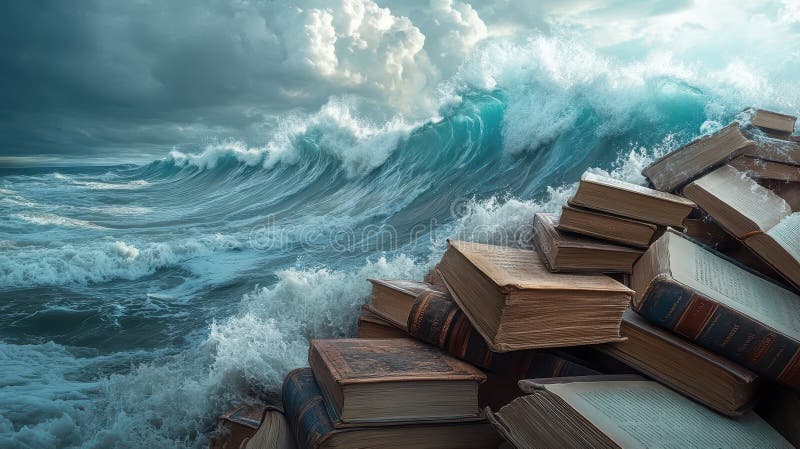 Dramatic Scene of Ocean Waves Crashing Over Antique Books Stock Photo ...