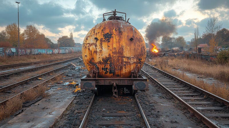 Dramatic Scene of Oil Tank Train Wreck on Railroad Tracks with Fire in ...