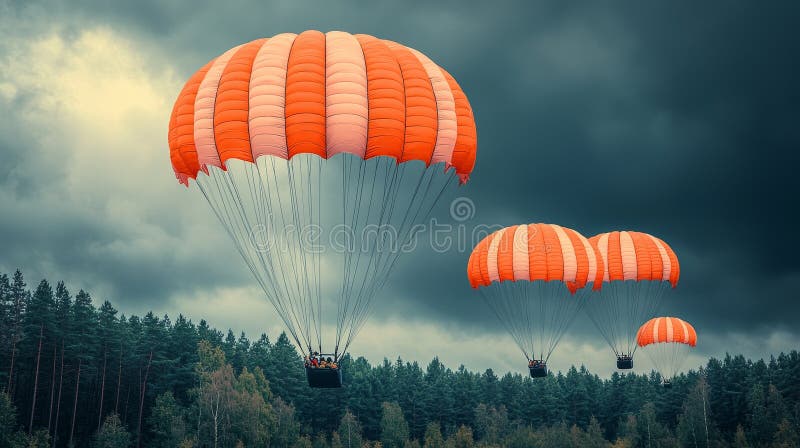 Dramatic Scene of Parachutes Descending into Dark Sky Over Green Forest ...