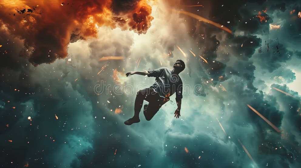 Dramatic Scene of a Person Falling through Explosive Clouds in a ...
