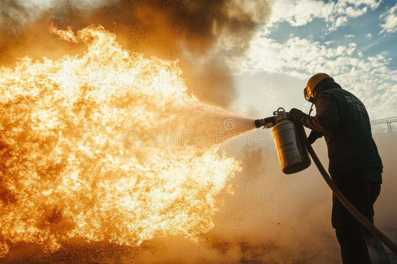 A Dramatic Scene of a Person Using a Fire Extinguisher To Put Out a Large, Intense Fire Stock ...