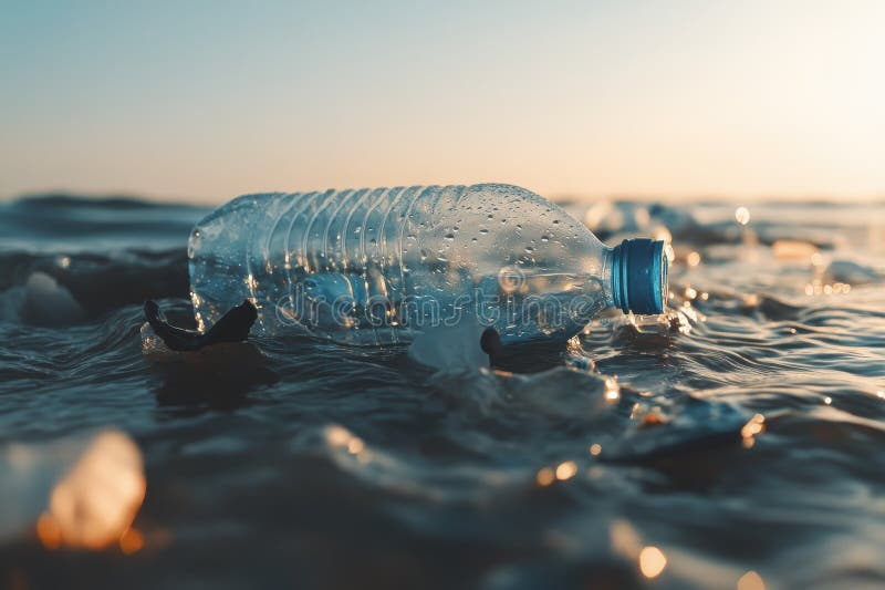 Dramatic Scene of Polluted Beach with Plastic Bottle in Water Stock ...